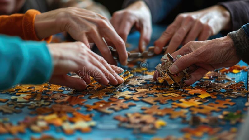 Hands of Multiple People Working Together To Complete a Puzzle. Teamwork. AIG53. Stock ...