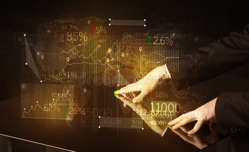 Hands Navigate on High Tech Smart Table with Business Icons Stock Image ...