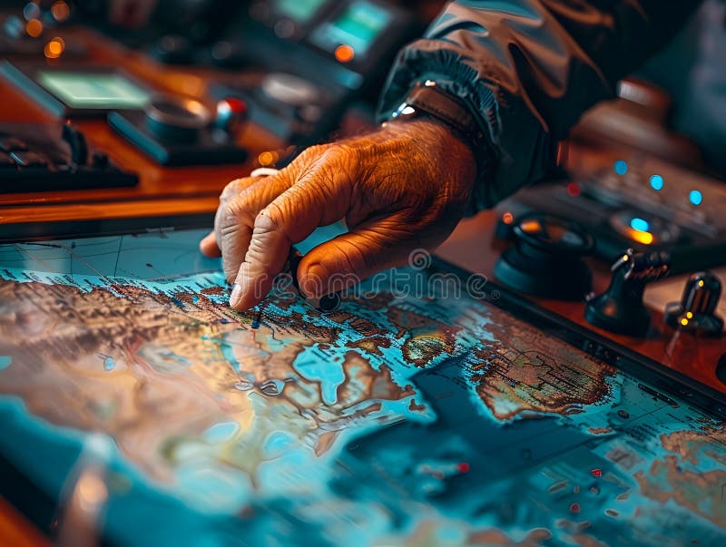 Hands Navigating Digital Nautical Chart for Exploratory Voyage Stock ...