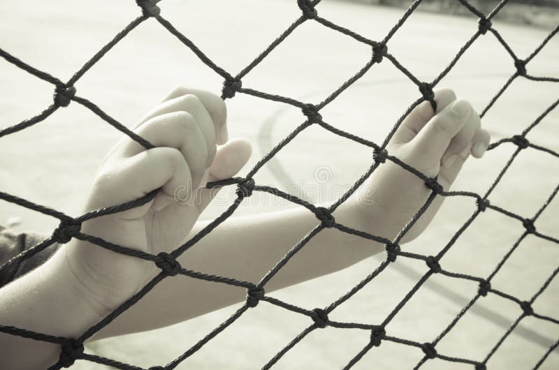 Hands with Net, Hands with Rope Mesh Fence Stock Photo - Image of ...