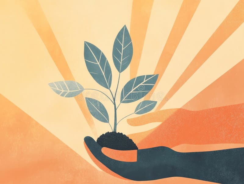 Hands Nurturing a Growing Plant Against a Vibrant Sunburst Background ...