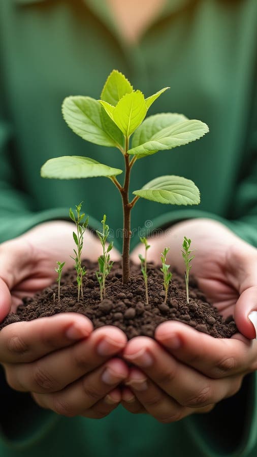 Hands Nurturing a Tree with Growth Graphs Representing Investment Stock ...