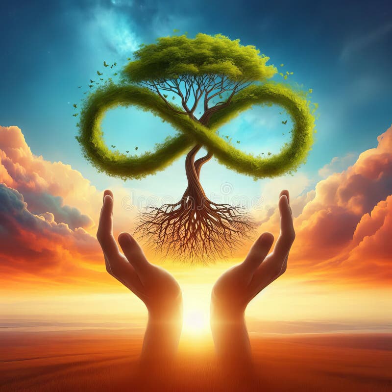 Hands Nurturing Tree with Infinity Symbol Roots Stock Image - Image of ...