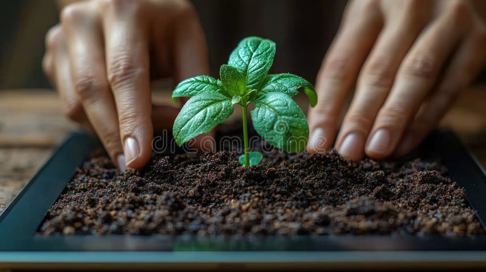 Hands Nurturing a Young Plant on a Tablet Stock Illustration ...