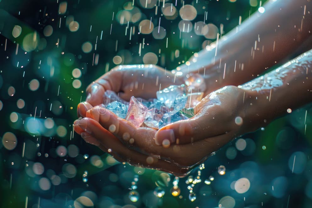 Hands Offering Crystals in Gentle Rain Displaying Communal Support ...
