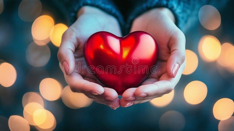 Hands Offering a Shiny Red Heart with Festive Lights Stock Photo ...