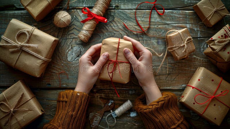 Warm Gift Giving Moment with Wrapped Present on Wooden Background Stock ...