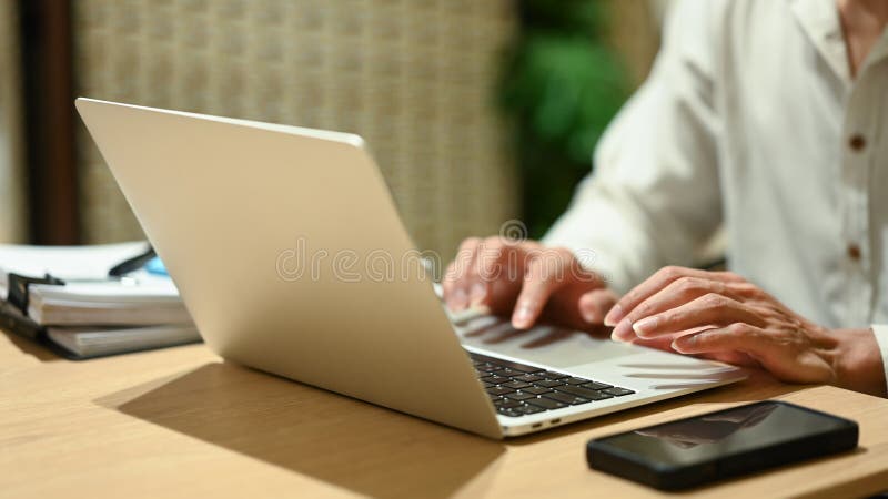 Hands of Office Manager Typing on Laptop Keyboard Searching Information ...