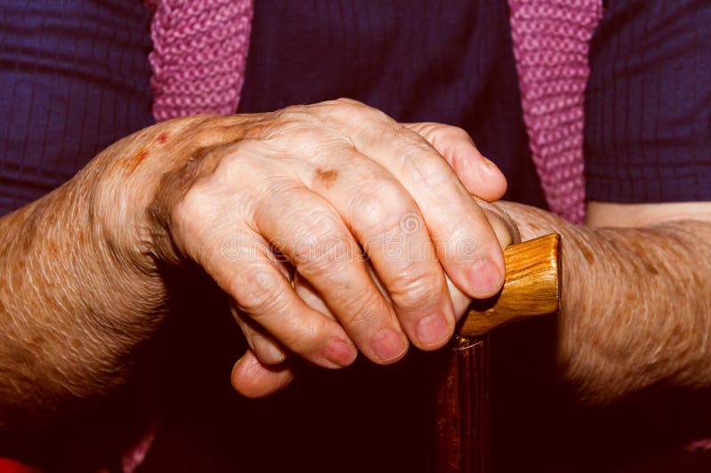 Hands of Old Lady with Walking Stick. Stock Image - Image of senior ...