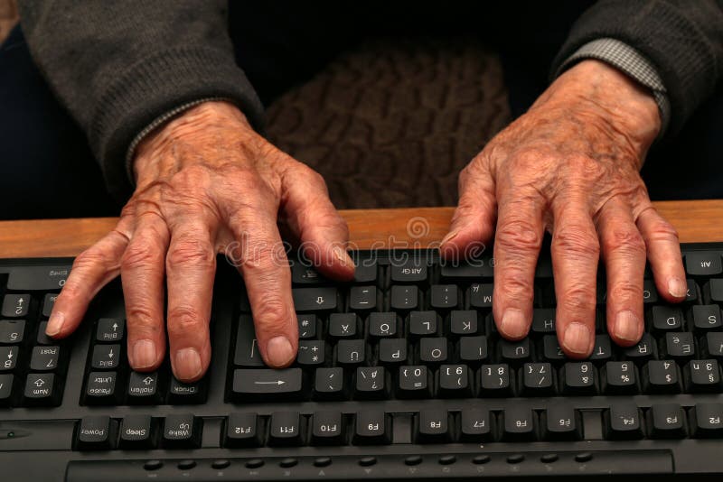 Hands Of Old Man On Computer Stock Image - Image of communication ...