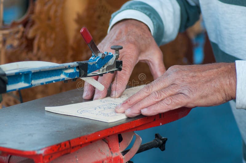 Hands of Old Man Working Wood with Metallic Tool Stock Image - Image of ...