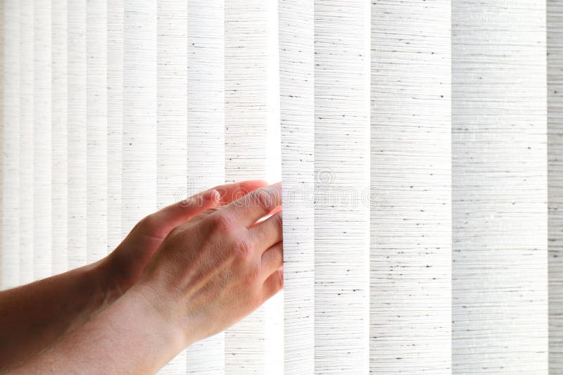 Hands Open the Blinds in the Apartment Stock Image - Image of curtain ...