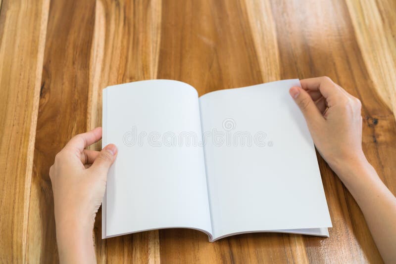 Hands Open Book on Wood Table . Stock Photo - Image of design, open ...