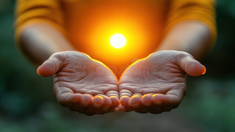 Hands Open in Prayer, Sunlit, Forest Background, Offering Stock ...