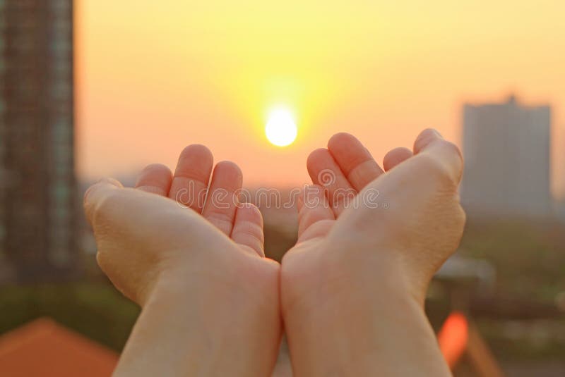 Hands Open To the Morning Sky with the Rising Sun Stock Image - Image ...