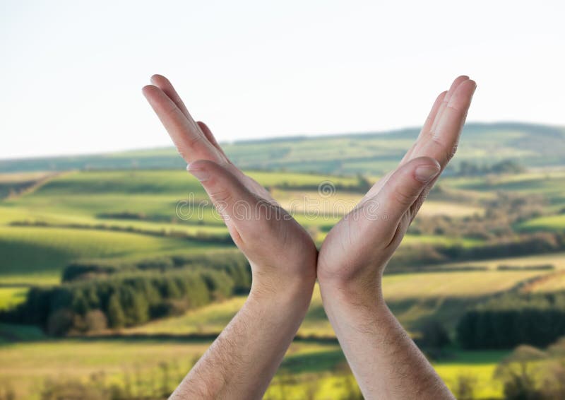Hands Opened in V Shape Over Green Landscape Stock Image - Image of ...