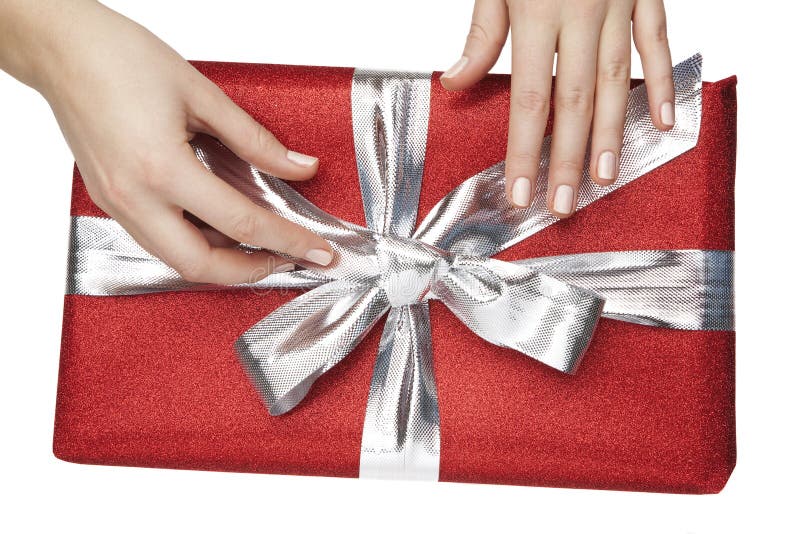 Hands are Opening/binding a Ribbon of a Red Gift Stock Photo - Image of ...
