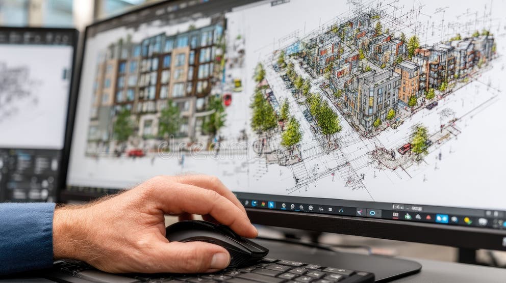 Hands Operate a Mouse and Keyboard while Working on an Architectural ...