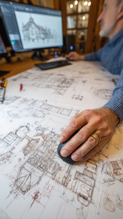 Hands Operate a Mouse and Keyboard while Working on an Architectural ...