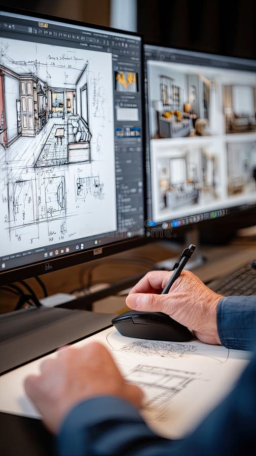 Hands Operate a Mouse and Keyboard while Working on an Architectural ...