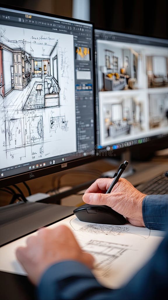 Hands Operate a Mouse and Keyboard while Working on an Architectural ...