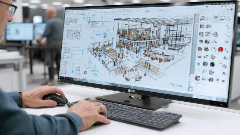 Hands Operate a Mouse and Keyboard while Working on an Architectural ...