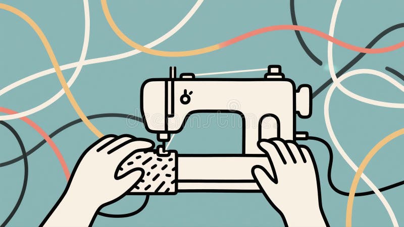 Hands Operate a Sewing Machine with Colorful Threads in the Background ...