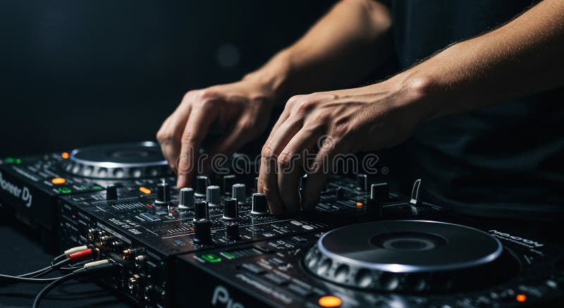 Hands Operating a DJ Controller with Multiple Knobs and Sliders ...