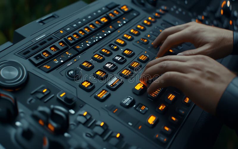 Hands Operating Modern Control Panel with Illuminated Orange Buttons ...