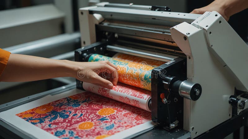 Hands Operating a Printing Machine with Colorful Floral Pattern Paper ...