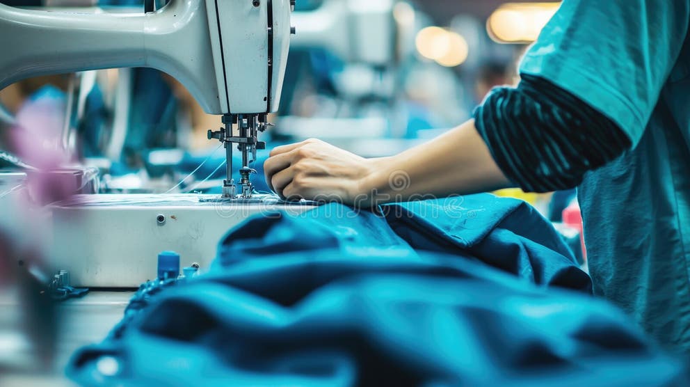 Hands Operating Sewing Machine with Blue Fabric in an Industrial ...