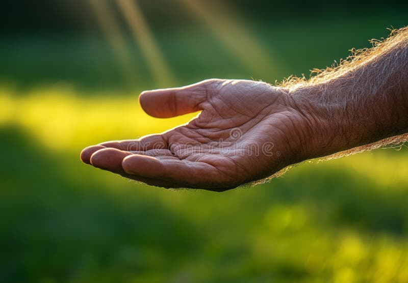 Hands Outstretched and Open, Extending Towards the Light with a Blurred ...