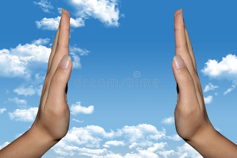 Hands over blue sky stock image. Image of creative, fluffy - 73418657