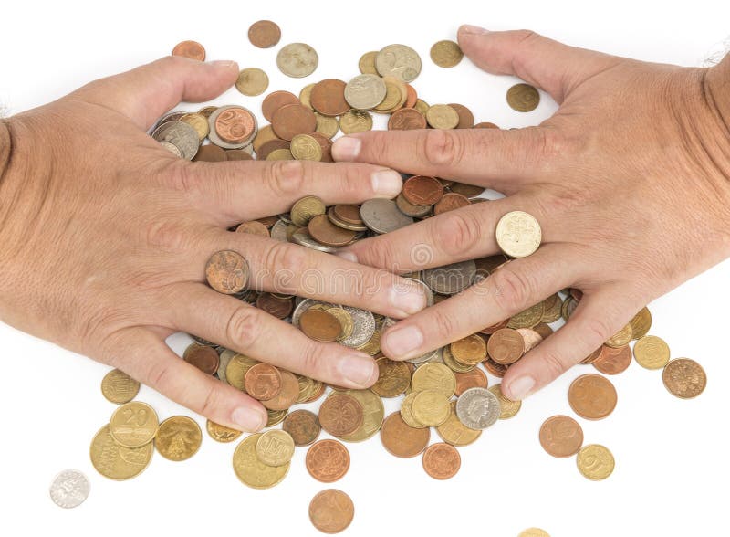 Hands over heap of coins stock image. Image of money - 164224119