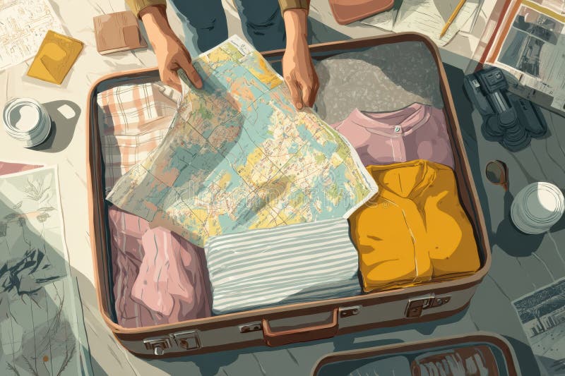 Traveler Organizes Suitcase with Maps and Clothing for Upcoming ...