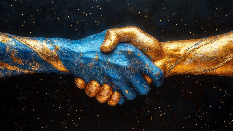 Hands Painted in Blue and Gold Clasping Each Other Representing Unity ...
