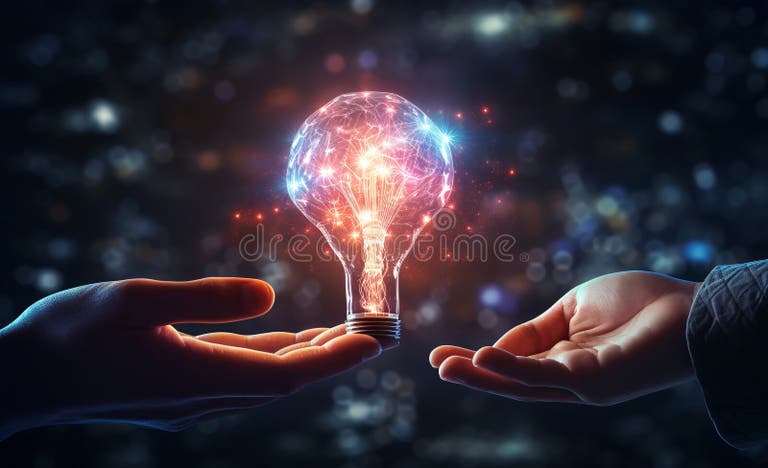 Hands Pass a Holographic Thought or Idea in the Form of a Virtual Light ...