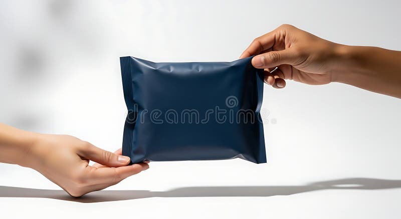 Hands Passing Blue Packet Isolated on White Background Stock ...
