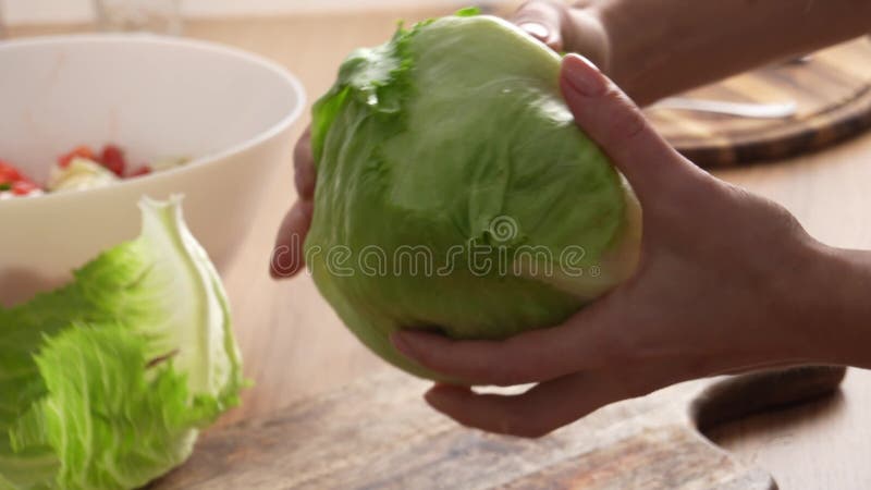 Hands Peel the Outer Leaves from a Head of Iceberg Lettuce. Stock Video ...