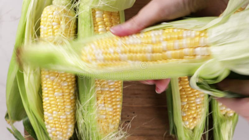 Hands Peeling Husk on Fresh Corn Maize Top View Off Stock Footage ...