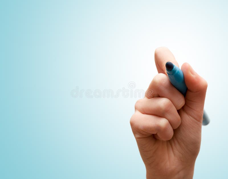 Hands with Pen Writing on Screen Blue. Stock Image - Image of young ...