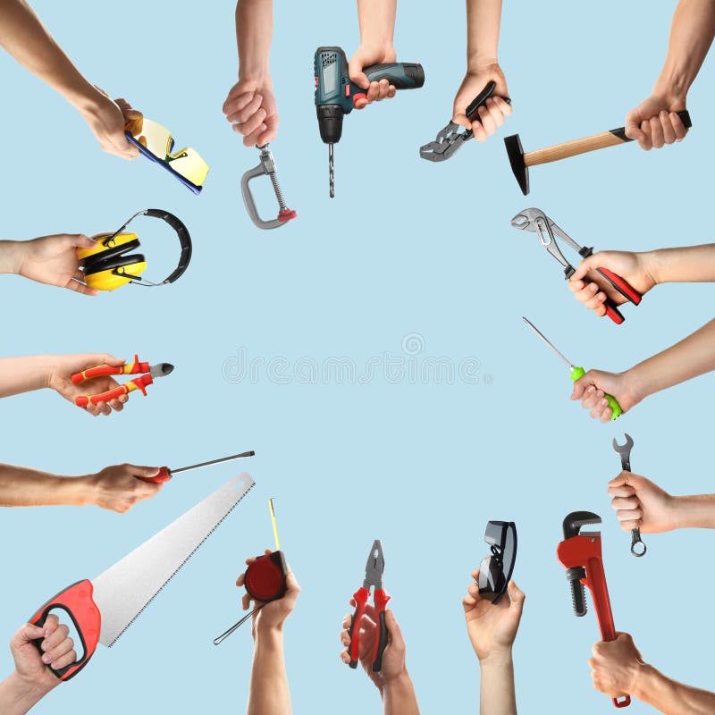 Hands of People with Different Tools on Light Blue Background Stock ...