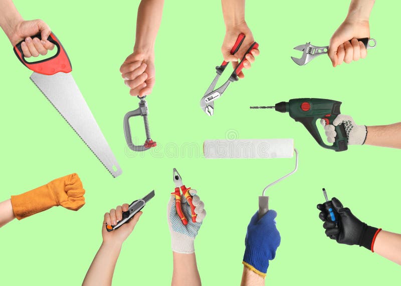 Hands of People with Different Tools on Light Green Background Stock ...