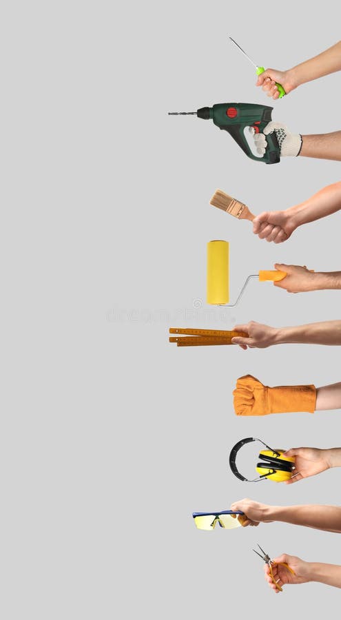 Hands of People with Different Tools on Light Grey Background Stock ...