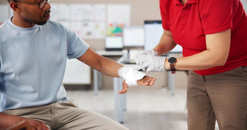 Hands, People and First Aid with Bandage, Teaching or Tutorial with ...