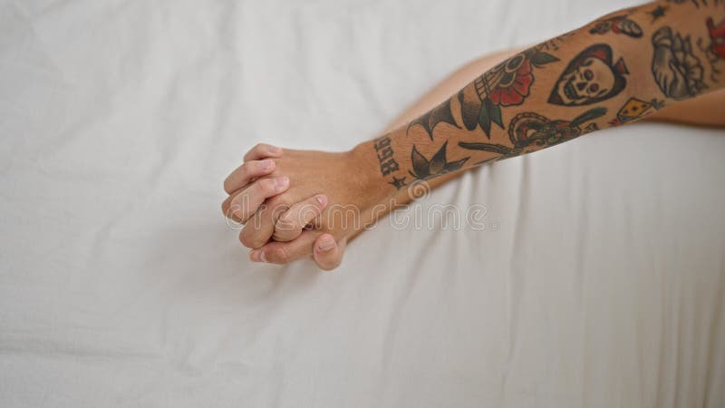 Hands of People Lying on Bed with Hands Together at Bedroom Stock Image ...
