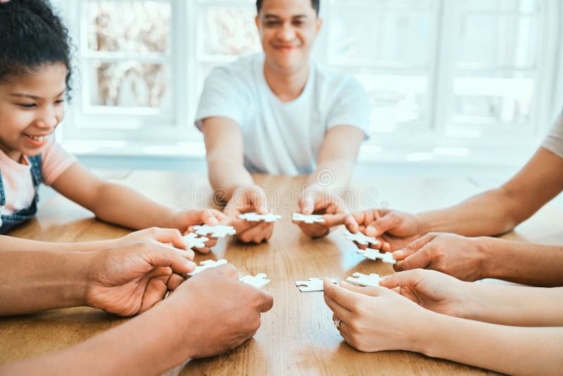 Hands, People and Puzzle with Collaboration at Table for Connect Piece ...