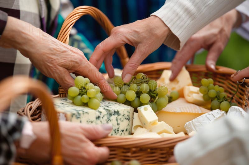 Hands of People Reaching for Organic Cheese and Grapes in a Basket ...