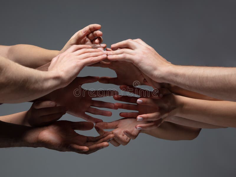 Hands of People`s Crowd in Touch Isolated on Grey Studio Background ...