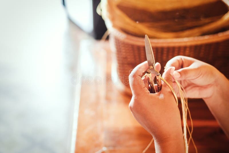Hands People Use Scissors Cut the Rope Stock Image - Image of fabric ...